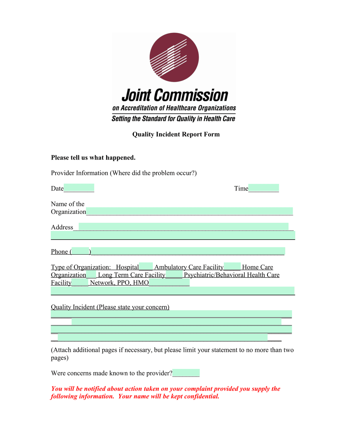 Quality Incident Report Form