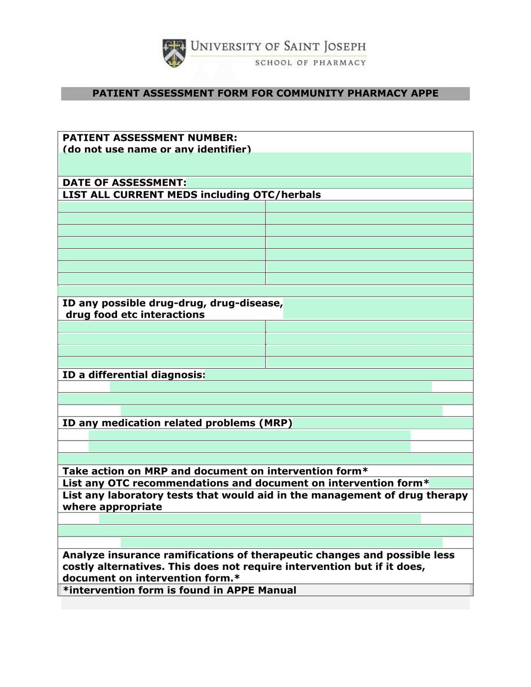 Patient Assessment Form For Community Pharmacy APPE