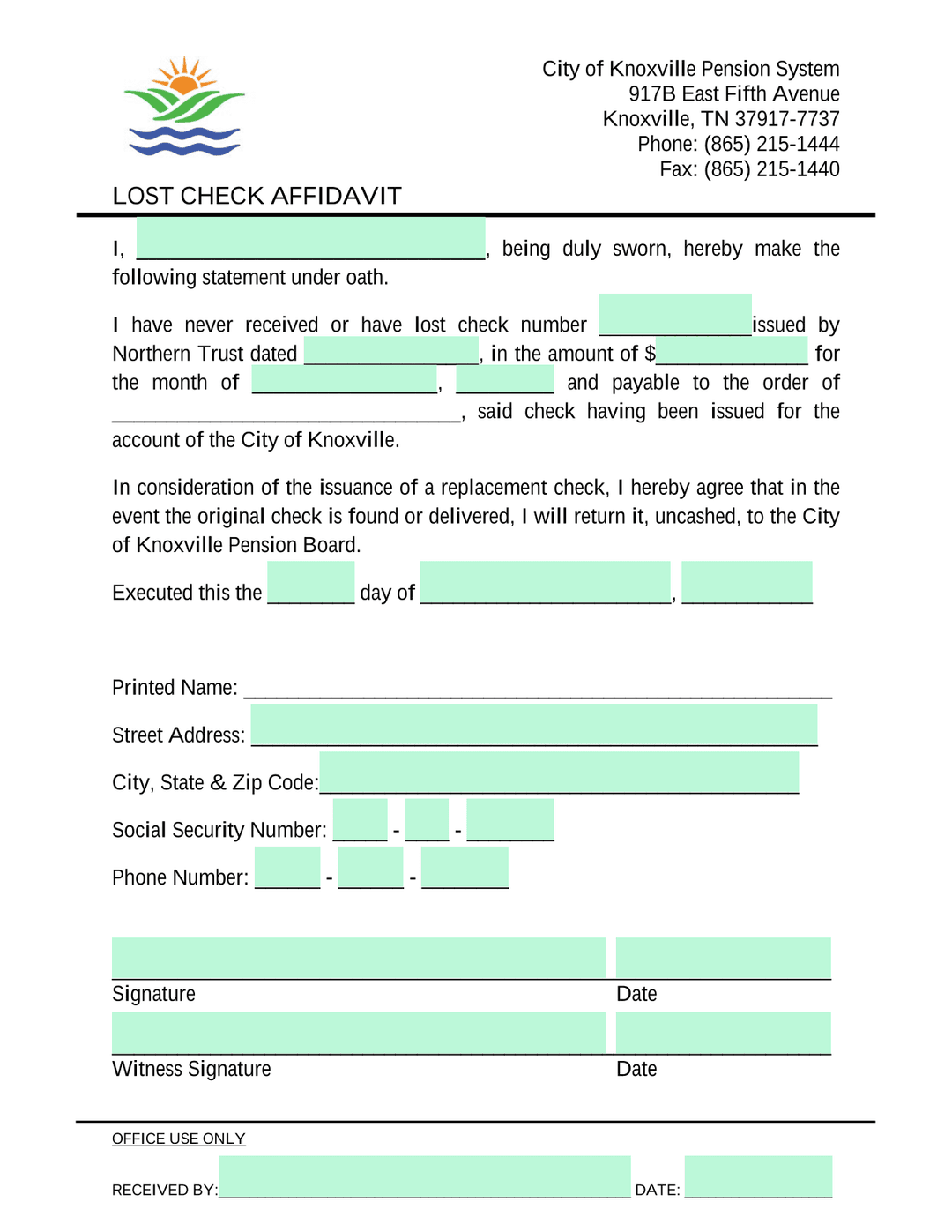 Lost Check Affidavit