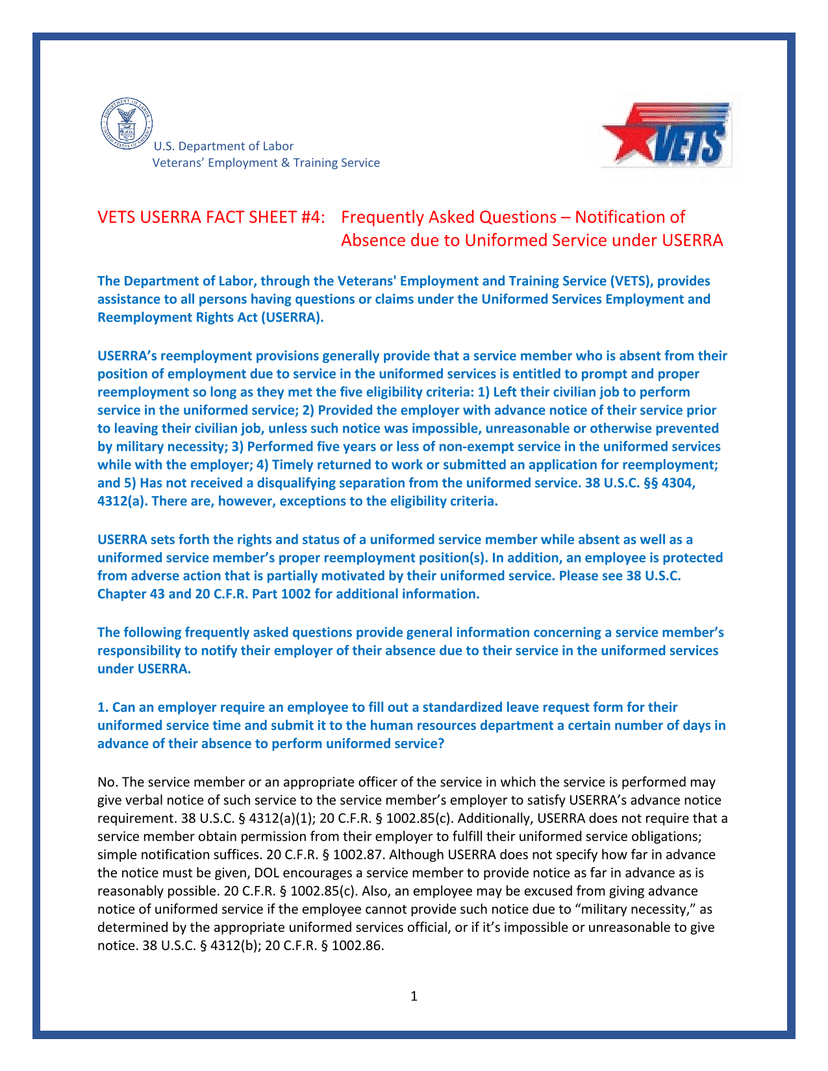 VETS USERRA FACT SHEET 4 Frequently Asked Questions Notification Of ...