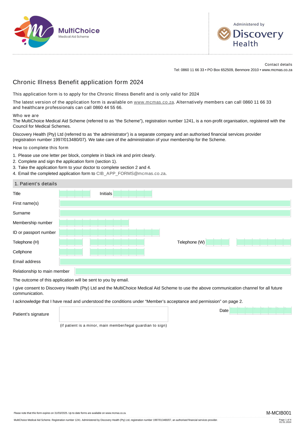 Chronic Illness Benefit Application Form 2024