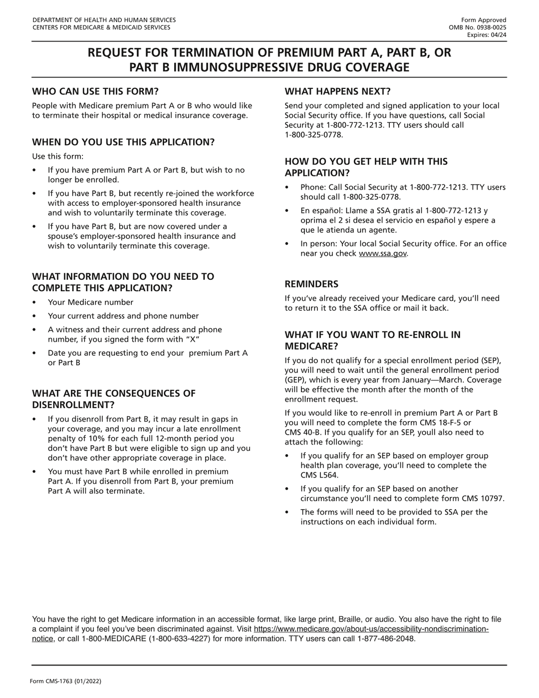 Request For Termination Of Medicare Premium Coverage (CMS 1763)