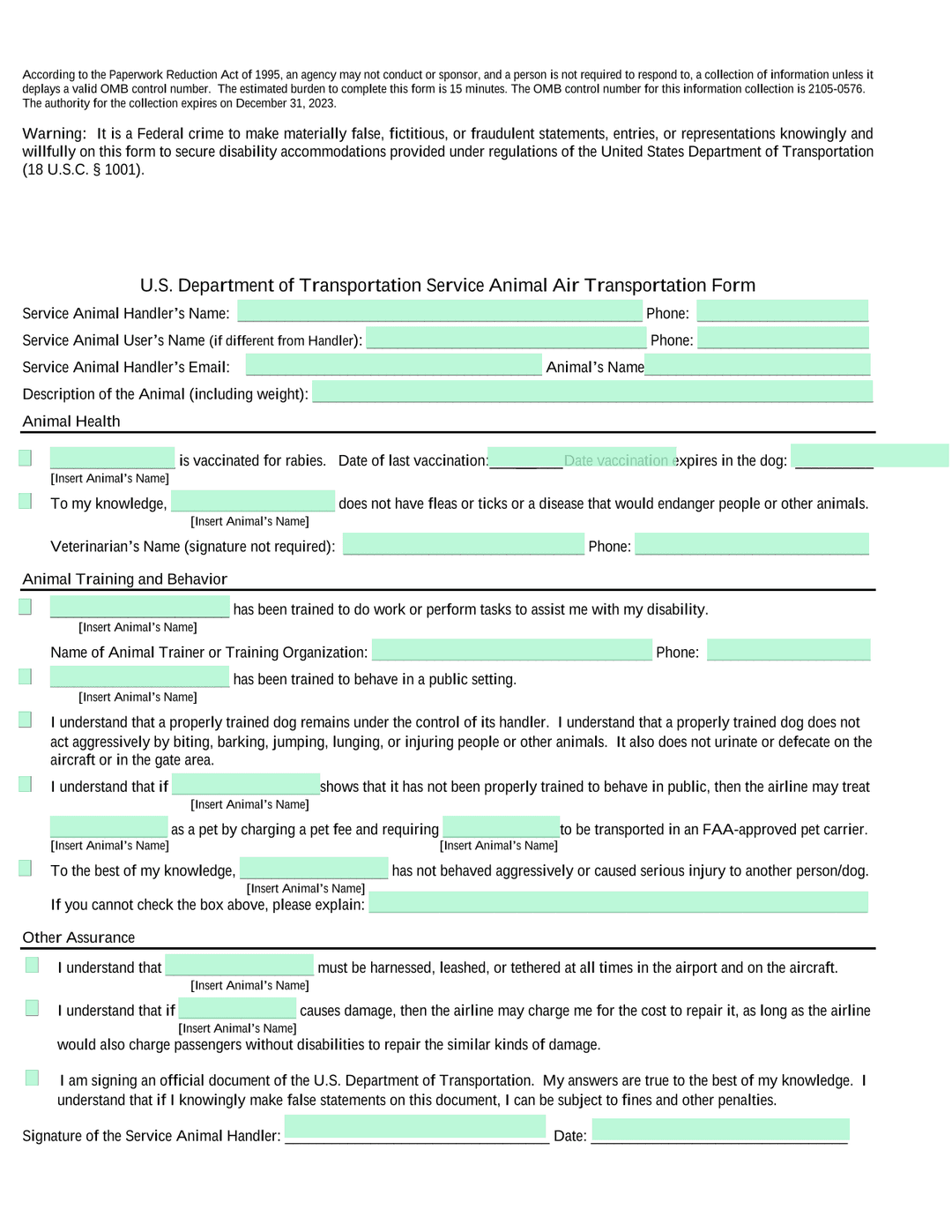 DOT Service Animal Air Transportation 2105