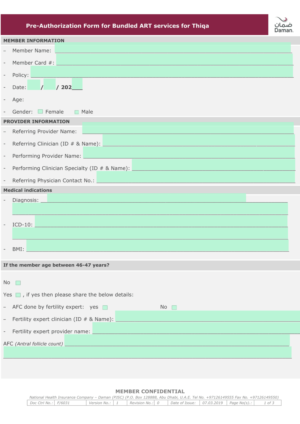 Pre Authorization Form For Bundled Art Services For Thiqa