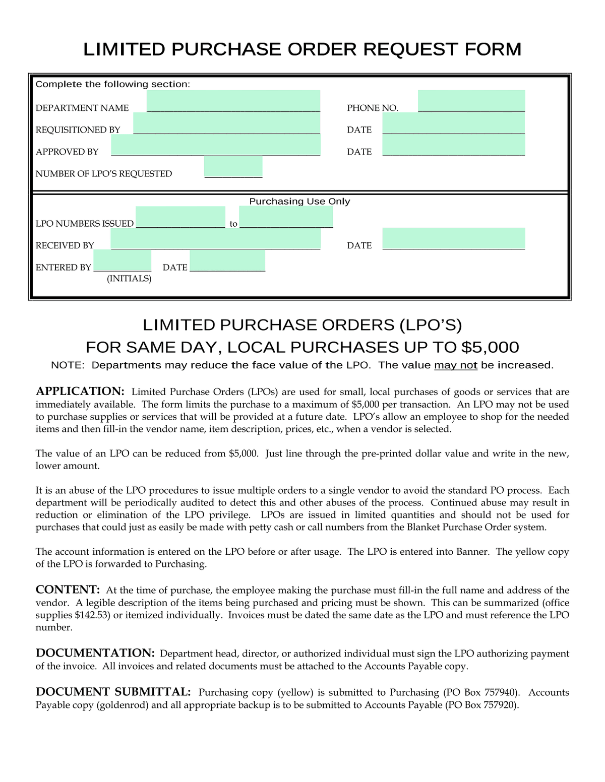 LIMITED PURCHASE ORDER REQUEST FORM