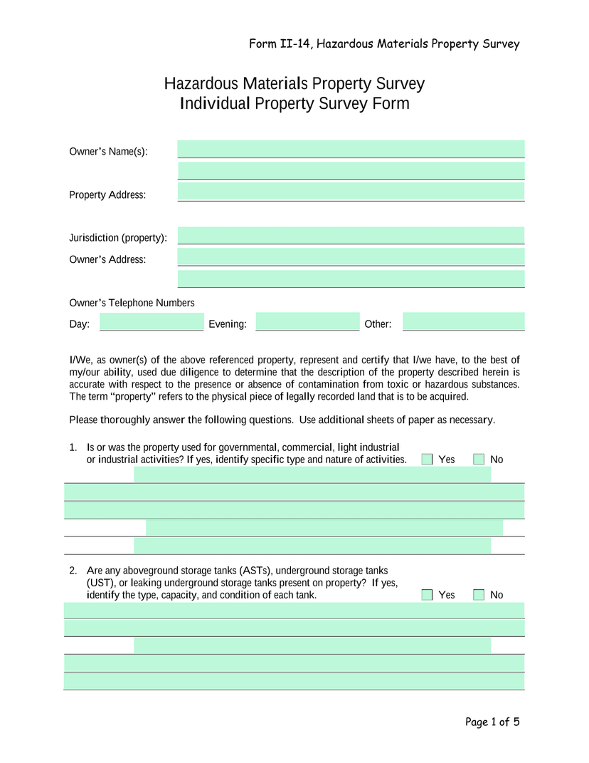 Form II 14, Hazardous Materials Property Survey
