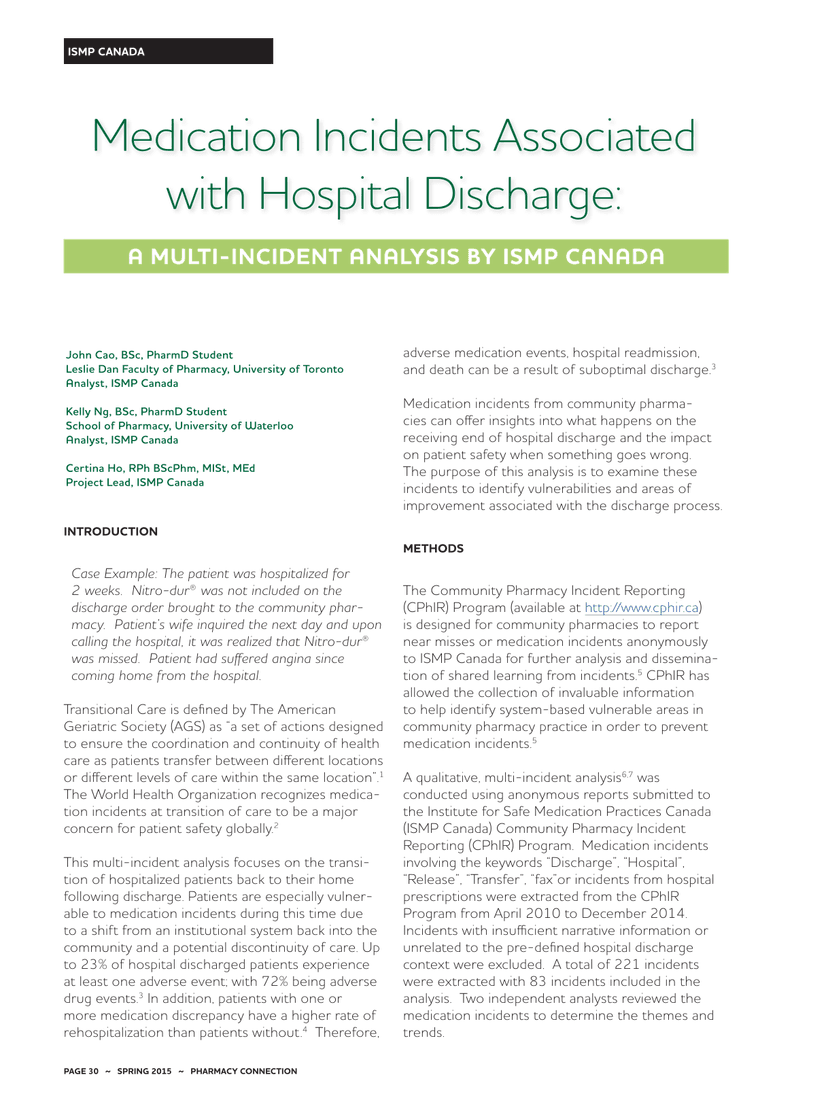 Medication Incidents Associated With Hospital Discharge A Multi Incident Analysis By ISMP Canada